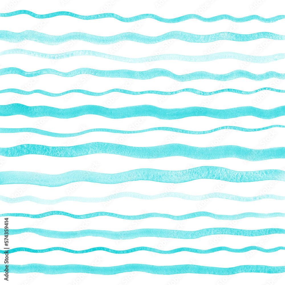 Mint green, aqua watercolor textured waves isolated on white background ...