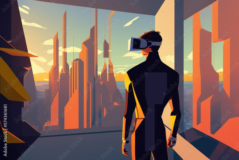 Flat vector illustration with male character wearing virtual reality ...