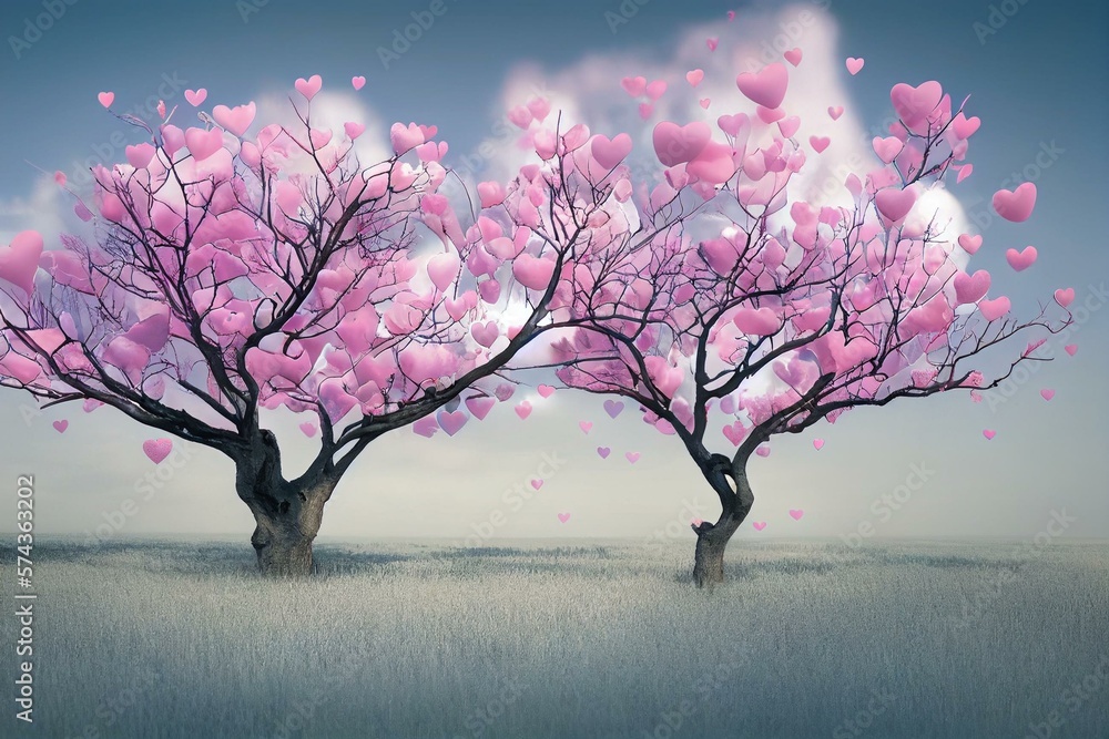 Pink heart shaped tree with crooked branches and with big eyes on ...