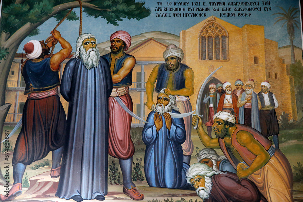 Kykkos monastery, Cyprus. Fresco depicting the hanging of archbishop ...