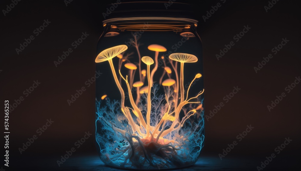 Glowing Psilocybe Semilanceata in Jar - Neon Psilocybin and Mycelium ...