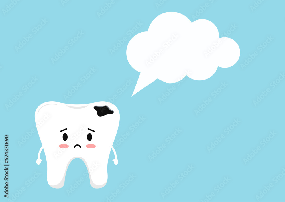 Sad cavity tooth icon with speach bubble isolated on blue background ...