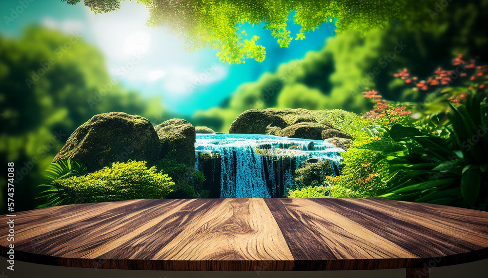 Wood top table with blue sky ,waterfall, flower,tropical background ...