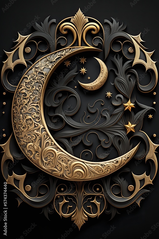 Islamic crescent, night sky, big moon, rich ornament. Paper art, 3d ...