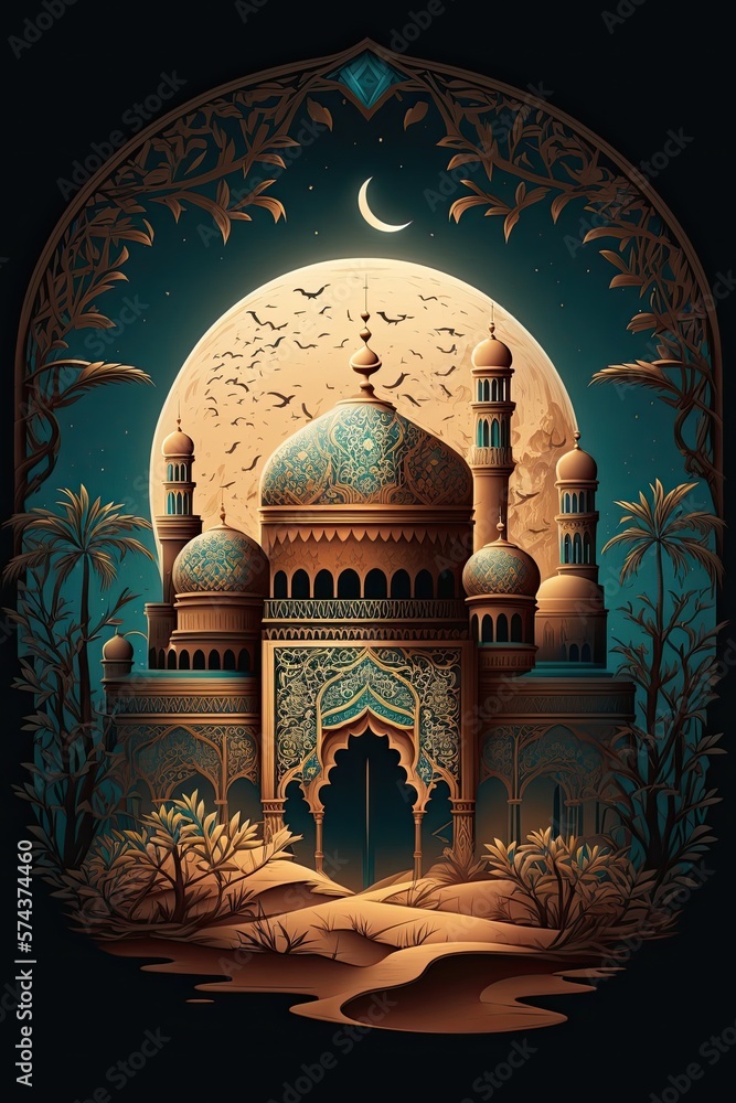 Mosque holy night sky, big moon, islamic night and silhouette mosque ...