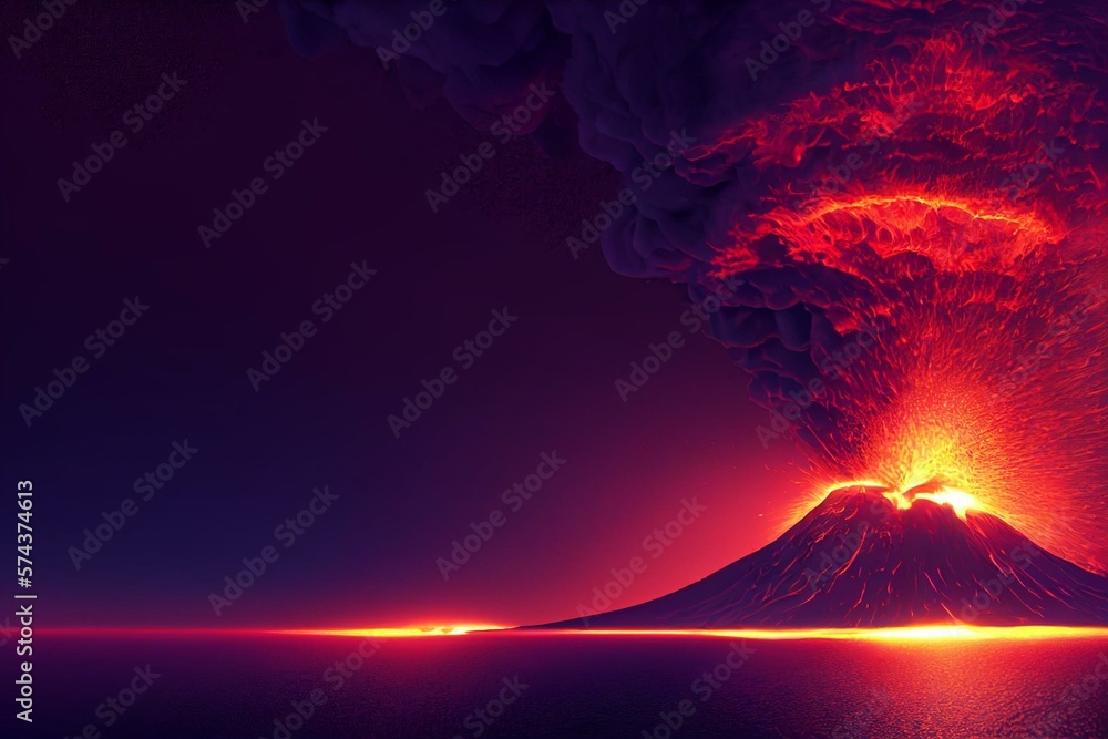 Raster illustration of beautiful night volcanic eruption across the sea ...