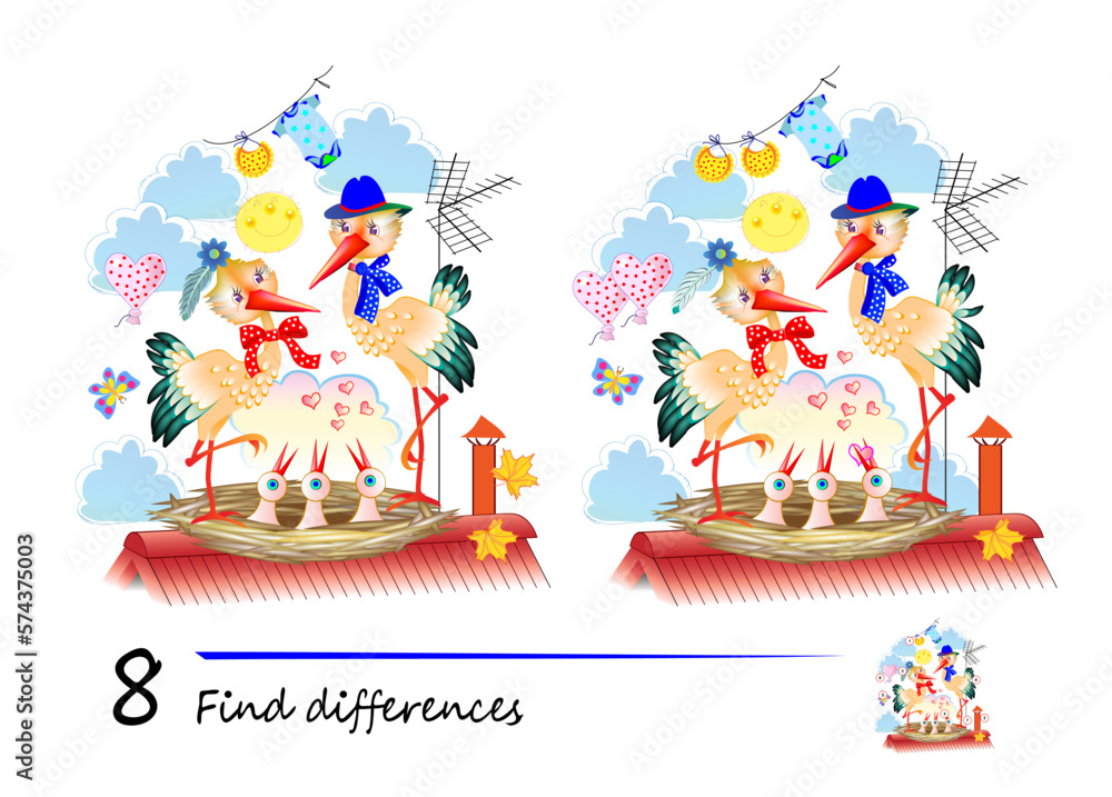 Find 8 differences. Illustration of happy stork family and nest with ...