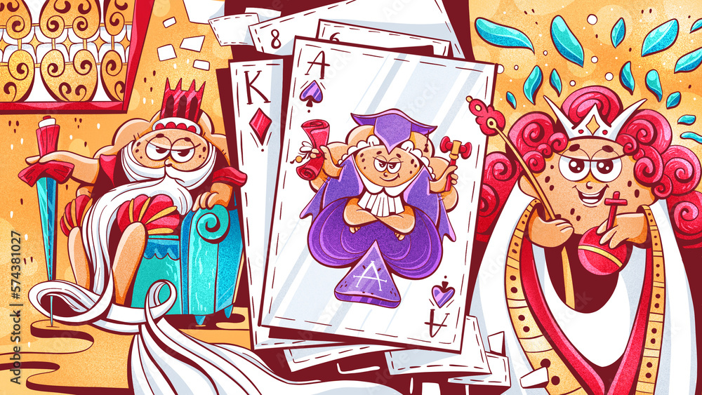 Concept art of playing cards in cartoon style, queen, king, ace. Stock ...
