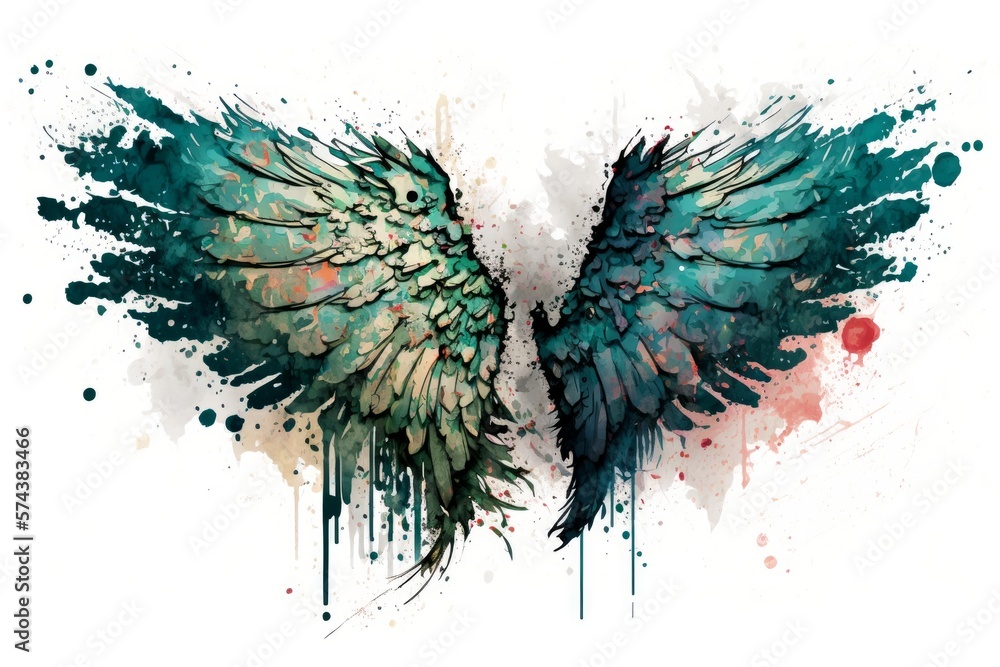 Watercolor Illustration of Grunge Style Bird Or Angel Wings With Paint ...