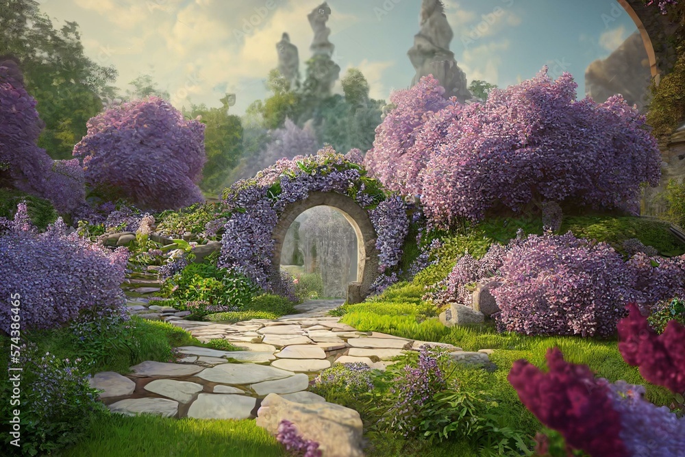 Fairytale garden with stone arch and lilacs. Fantasy landscape, lilac ...