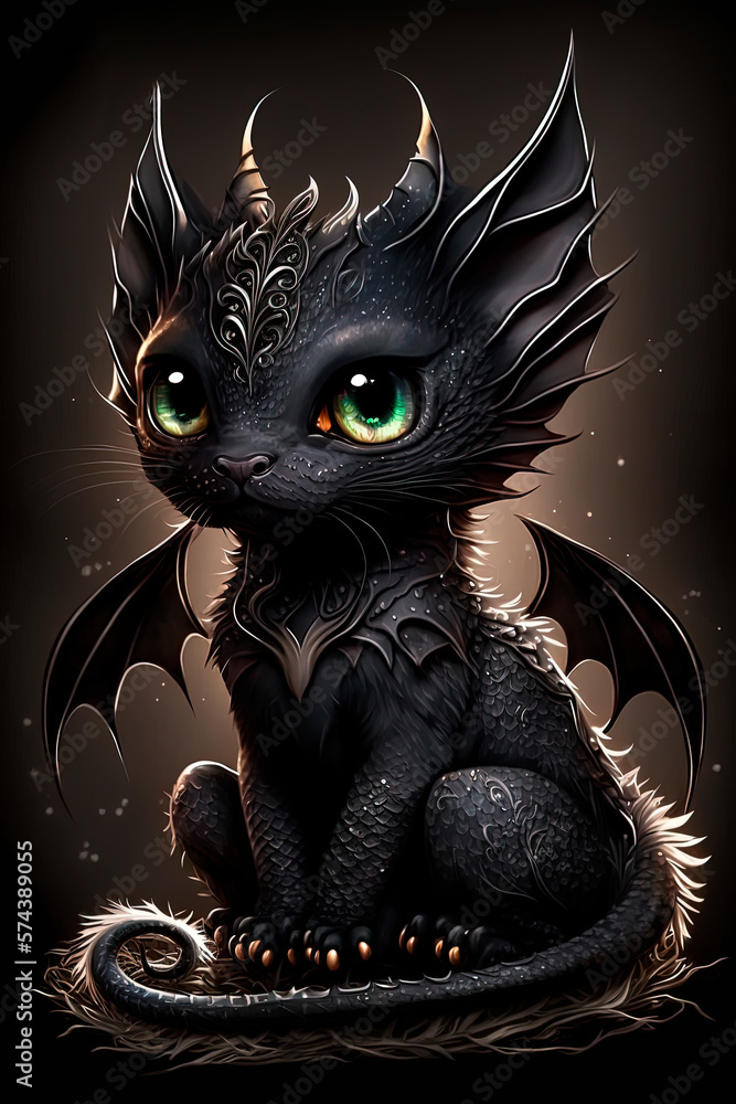 Cartoon cat dragon. Dark fantasy Generative AI Stock Illustration ...