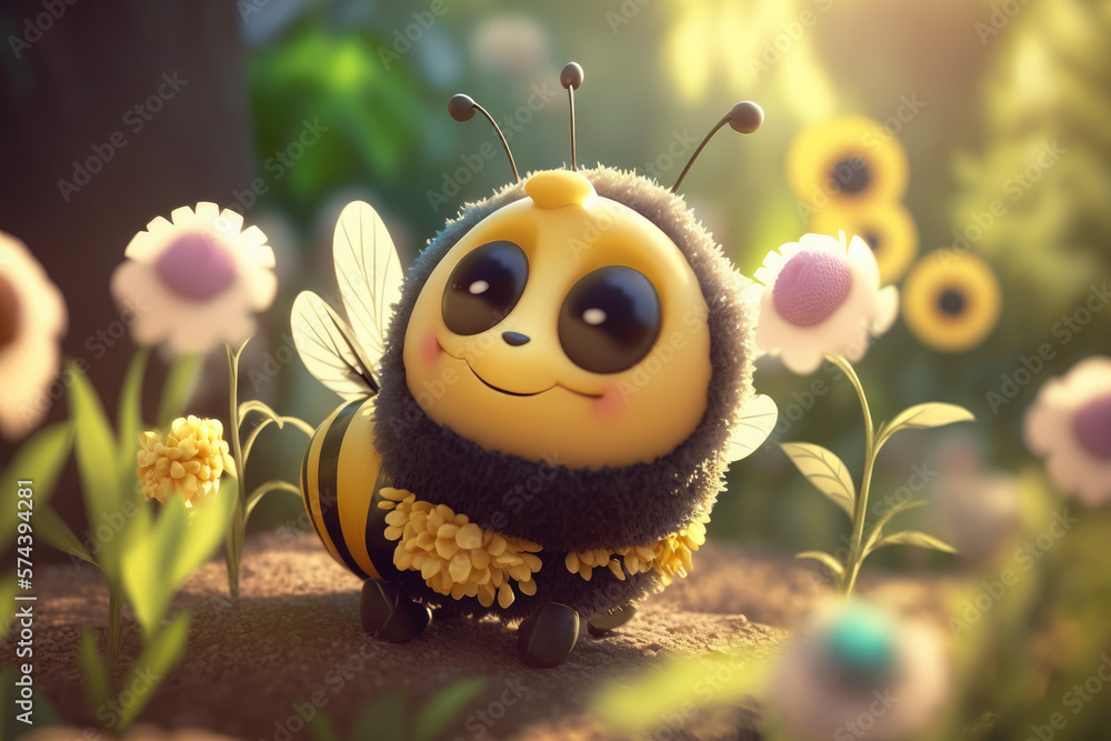 Cute cartoon bee character in a blooming garden with fairy sunny light ...