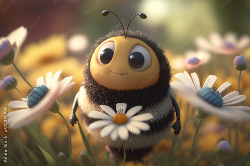 Cute cartoon bee character in a blooming garden with fairy sunny light ...