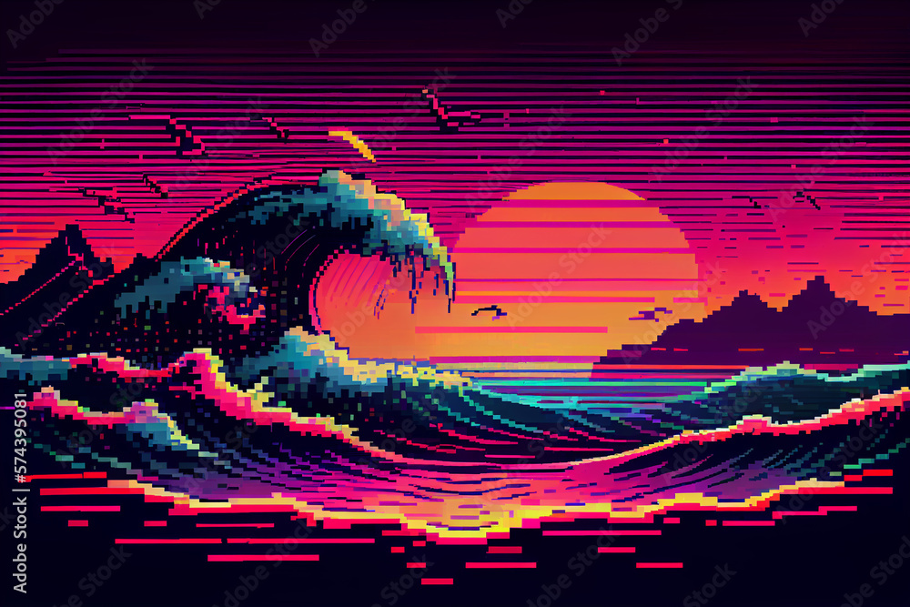 Retrowave Or Synthwave Landscape With Sunset 80s Retro Synthwave Color Design Ocean Wave