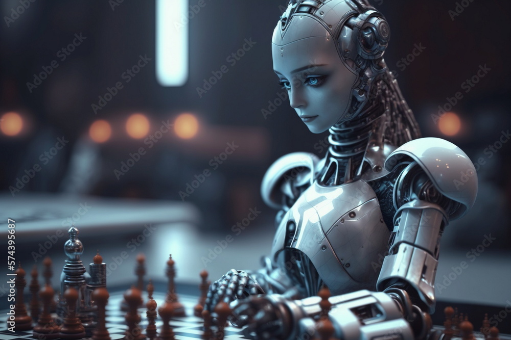 Adorable humanoid robot plays chess. Generative AI. Stock Illustration ...