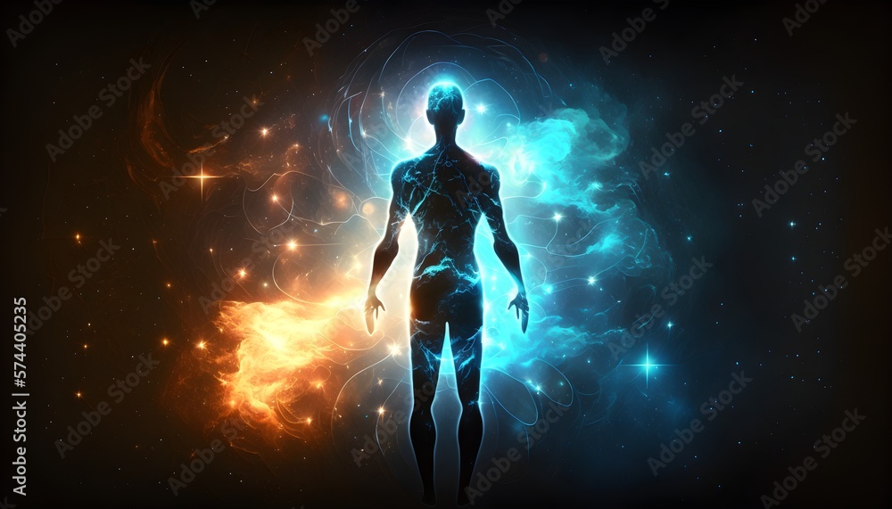 Astral body silhouette with abstract space background. Esoteric ...