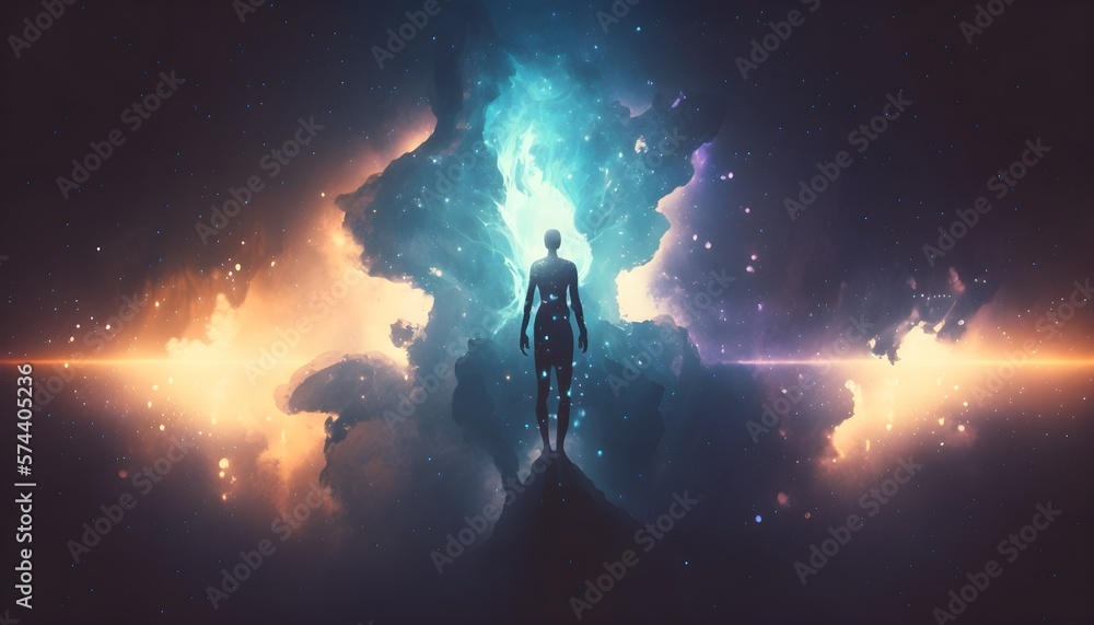 Astral body silhouette with abstract space background. Esoteric ...