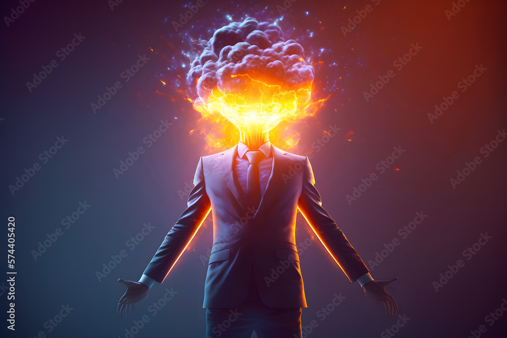 Man in a business suit with a blown head hands spread wide. The concept ...