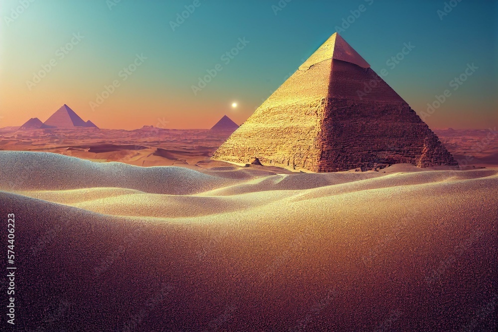 Raster illustration of magical pyramidin the desert. Rock gorge, golden ...