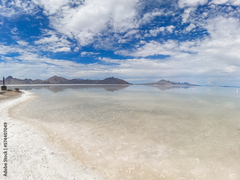 Panoramic view of the white salt beach at lake of Bonneville Salt Flats ...
