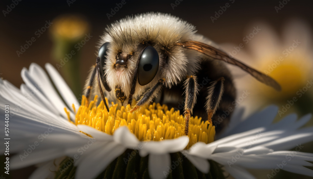 Abeille qui butine une fleur de marguerite, prise de vue macro ...