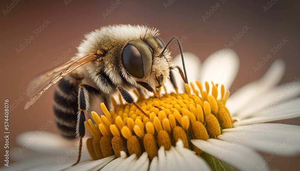 Abeille qui butine une fleur de marguerite, prise de vue macro Stock ...