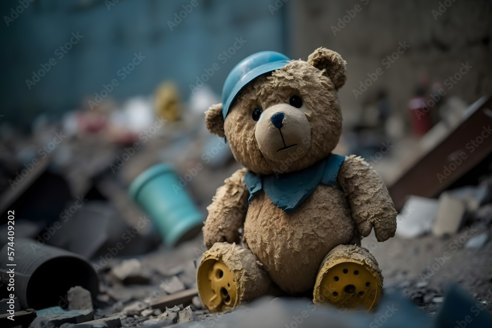 Alone Teddy bear on ruins of house after war bomb and accident rubble ...