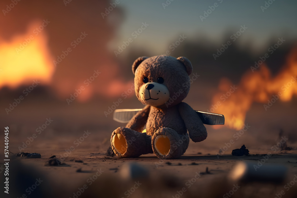Toy bear sits background burning airplane accident. Concept terrorist ...
