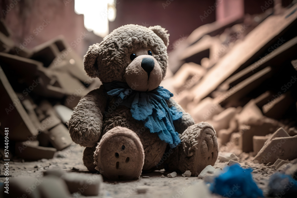 Alone Teddy bear on ruins of house after war bomb and accident rubble ...
