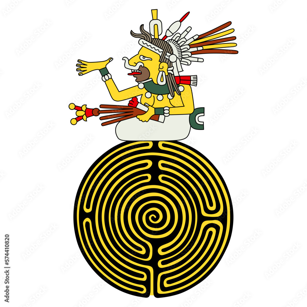 Aztec goddess Tlazōlteōtl sitting on a round spiral maze or labyrinth ...