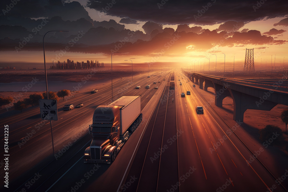 Heavy-duty transport trucks on the highway delivering cargo containers ...