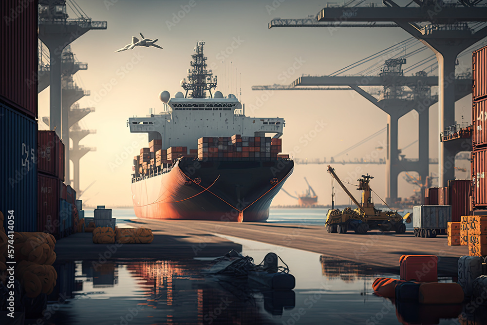 Heavy-duty transport vessel or freighter at the shipping dock with ...