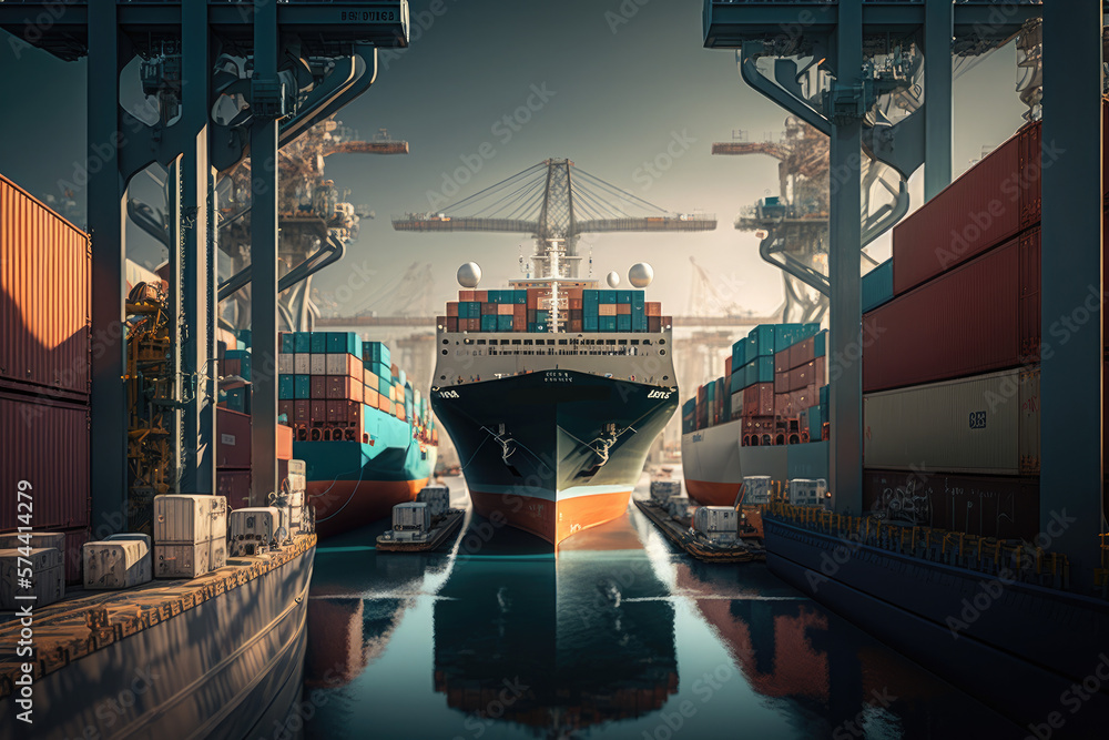 Heavy-duty transport vessel or freighter at the shipping dock with ...