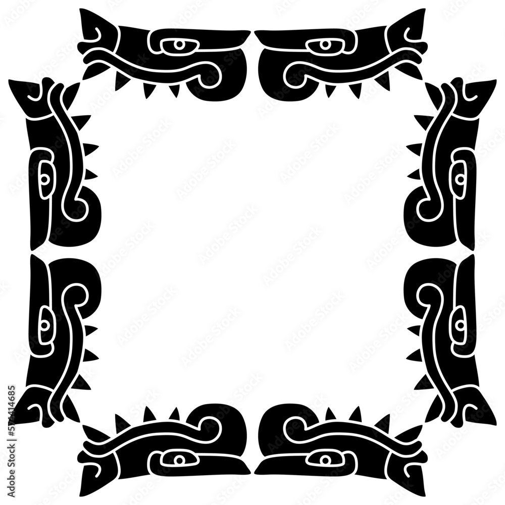 Rectangular frame with monster animal heads with sharp teeth. Native ...