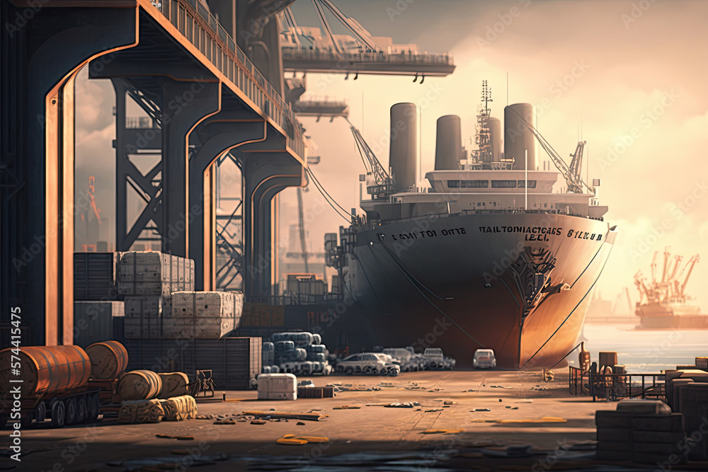 Heavy-duty transport vessel or freighter at the shipping dock with ...