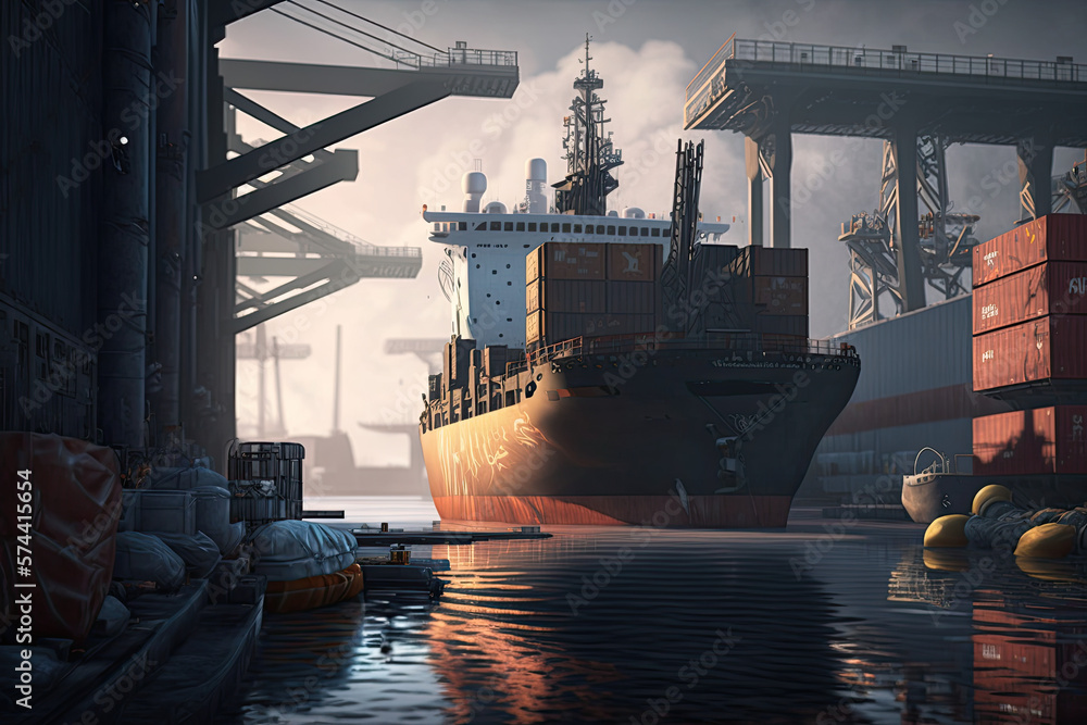 Heavy-duty transport vessel or freighter at the shipping dock with ...