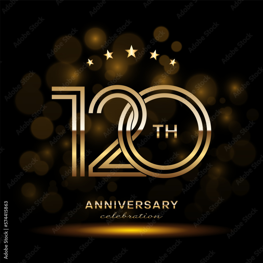 120 year anniversary celebration. Anniversary logo design with double line and golden text ...