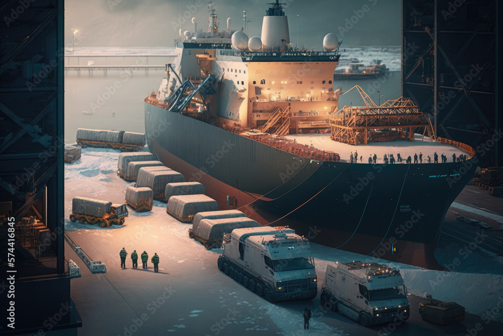 Heavy-duty transport vessel or freighter at the shipping dock with ...