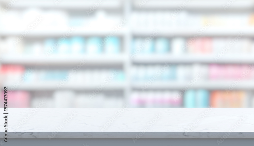 Marble table top counter with blurred clean drug shelf, abstract blur ...