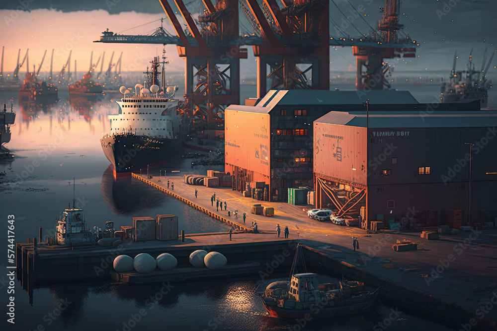 Heavy-duty transport vessel or freighter at the shipping dock with ...