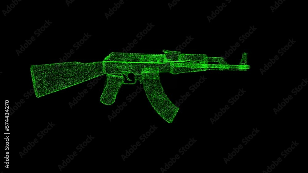 3D assault rifle AK47 rotates on black bg. Object dissolved green ...