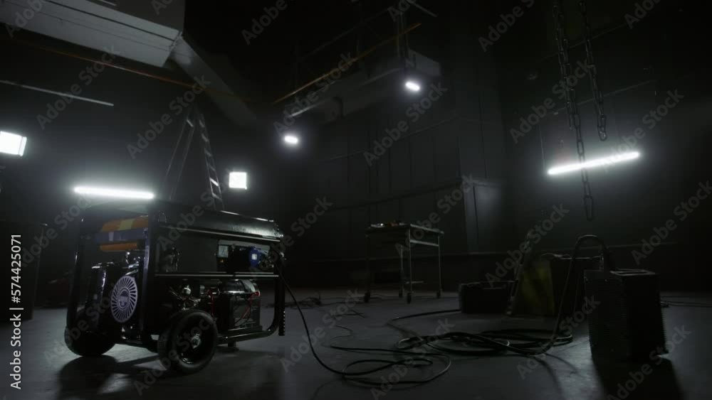 Black mobile gasoline power generator in a dark workshop. Gasoline ...