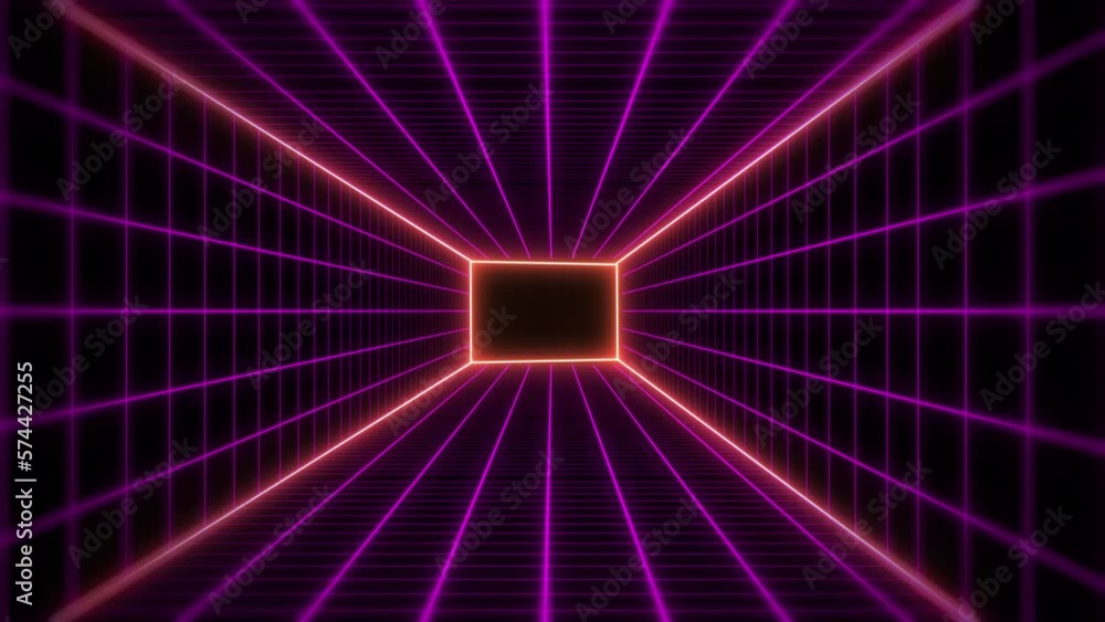 Retro animated background with moving grid and neon glowing lines dark ...