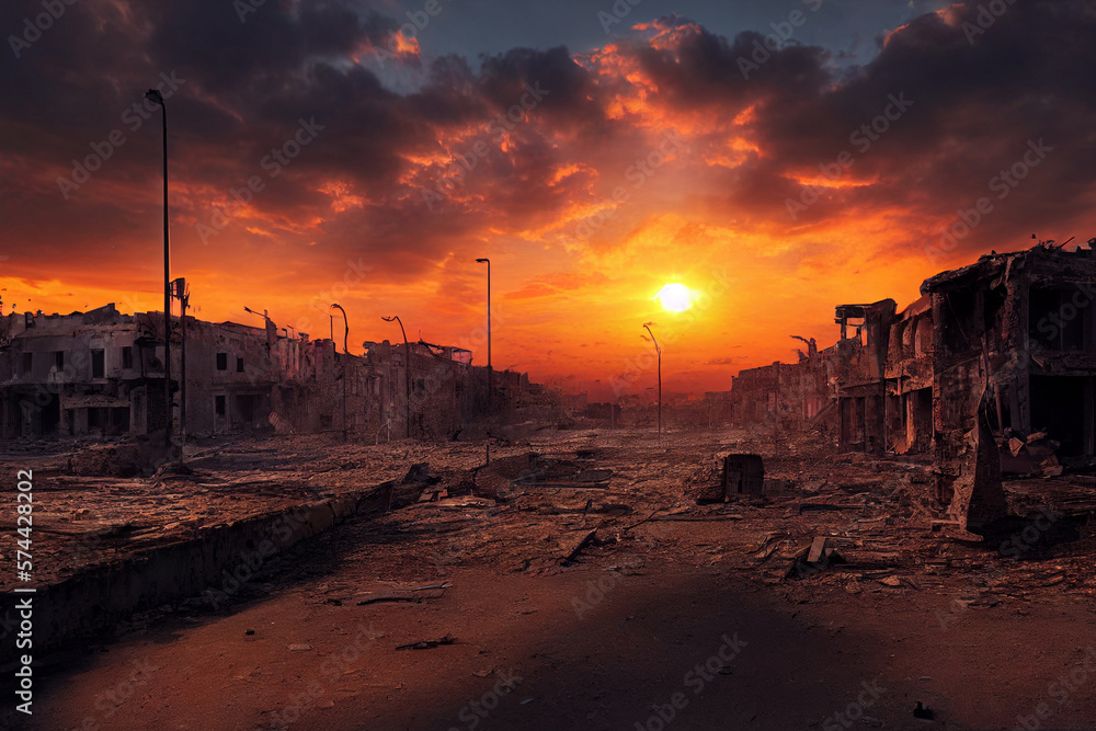 destroyed city at sunrise, destroyed buildings, lots of rubble and ash ...