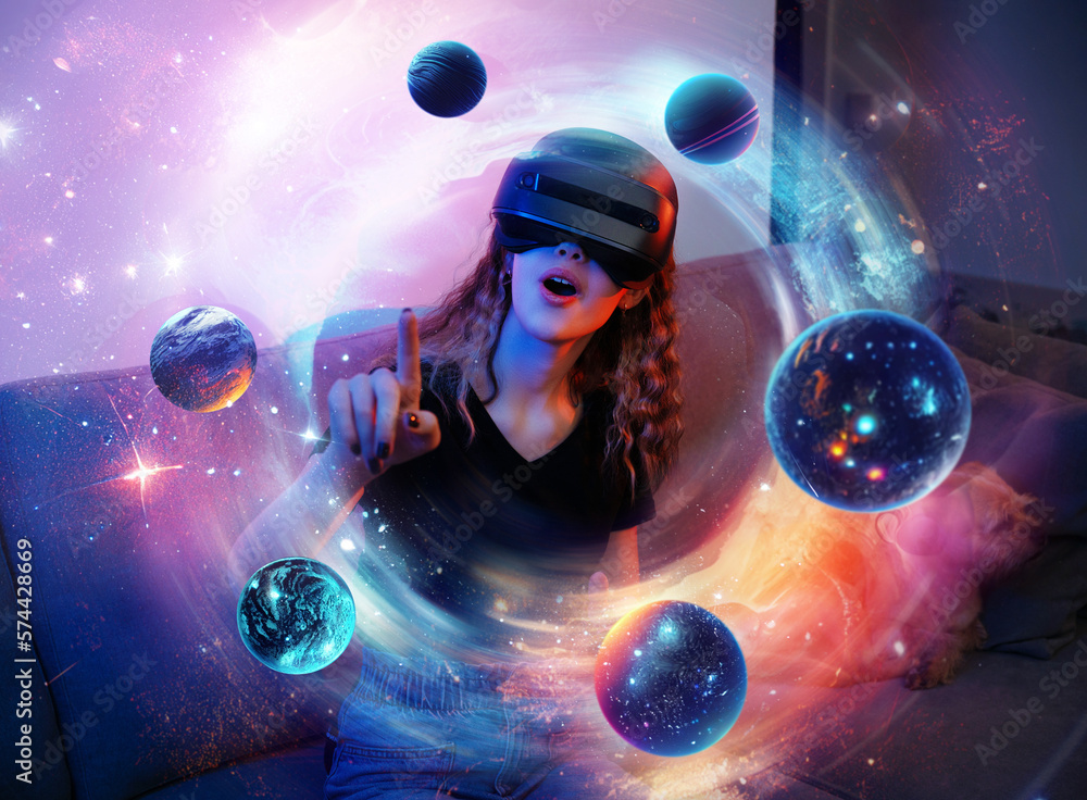 Teenager girl touching air and wearing virtual reality headset. Future digital vr technology and ...