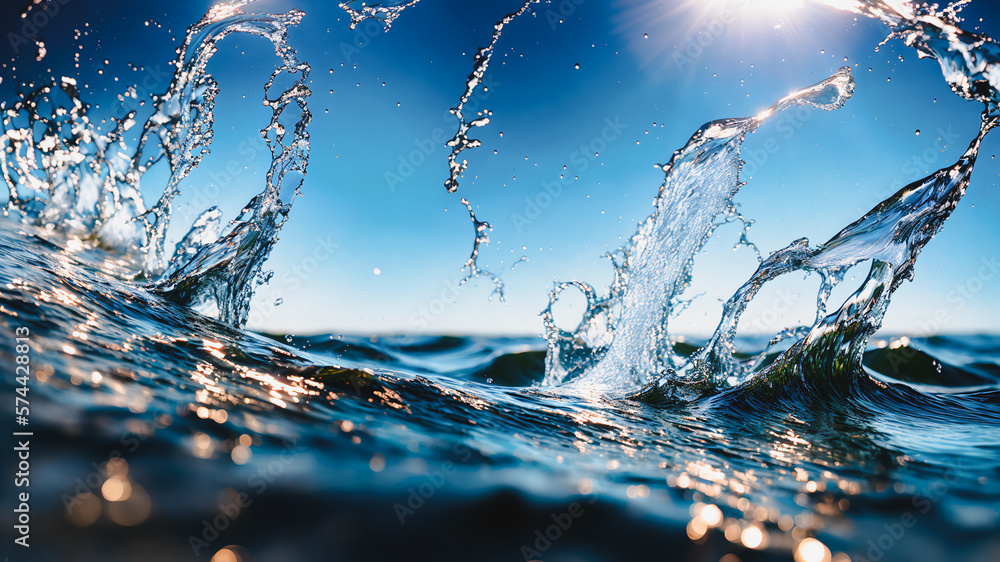 water splash on the ocean surface, Blue transparent water splashes and ...