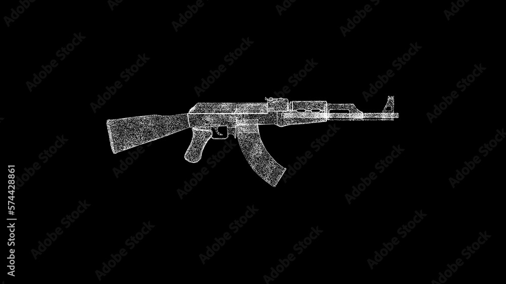 3D assault rifle AK47 on black bg. Object dissolved white flickering ...