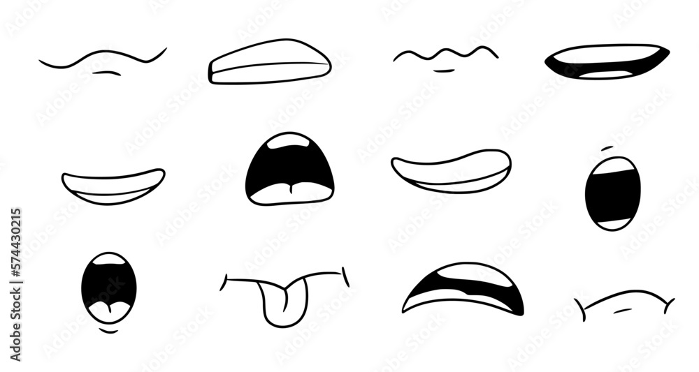 Cartoon mouth smile, happy, sad expression set. Hand drawn doodle mouth ...