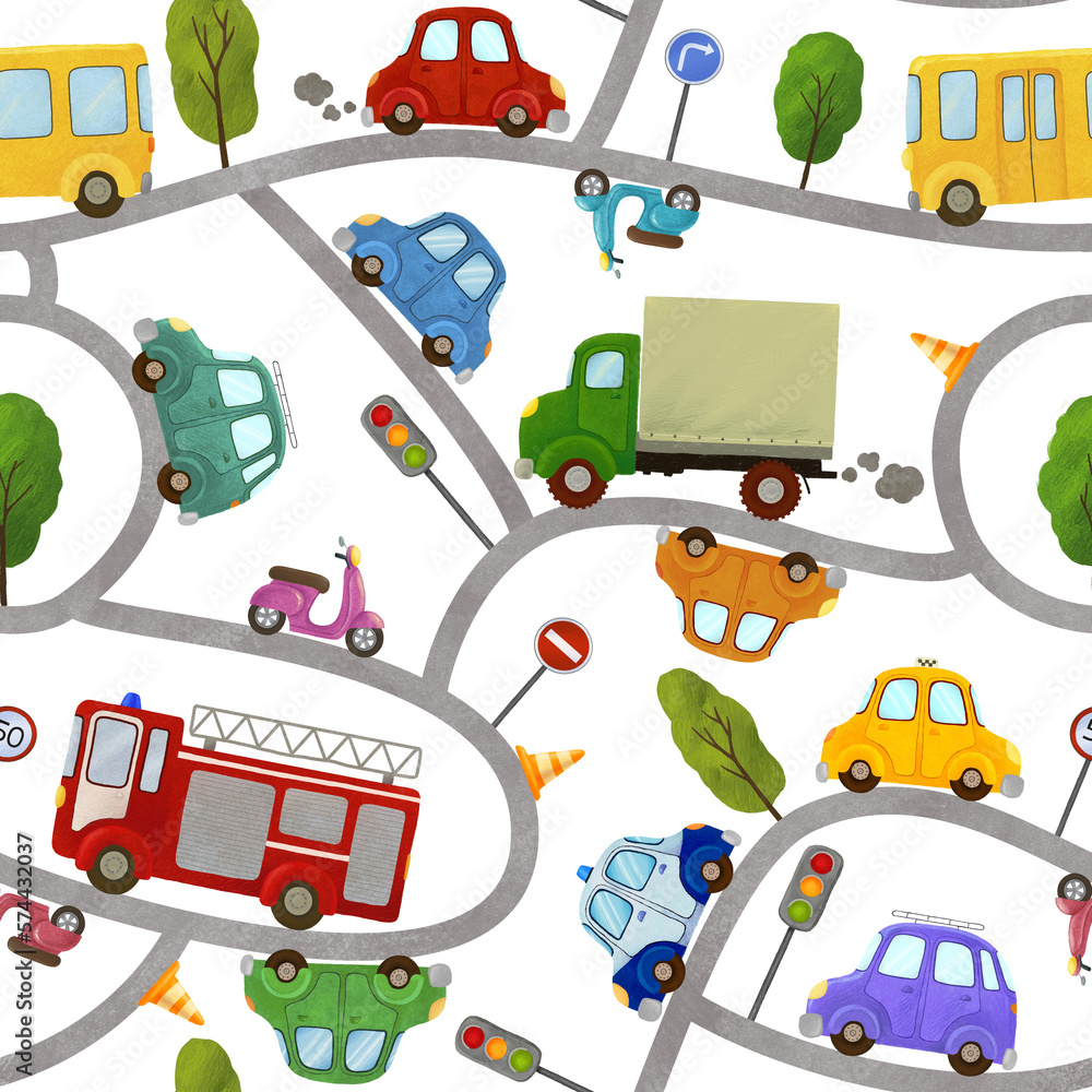 Cars seamless pattern. Different type of city transport on roads with ...