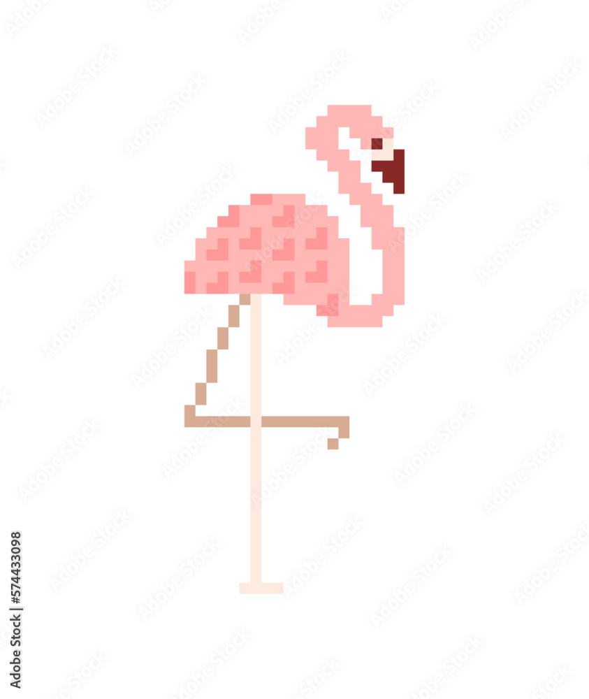 Pink flamingo pixel art isolated. 8 bit water bird with pale pink ...